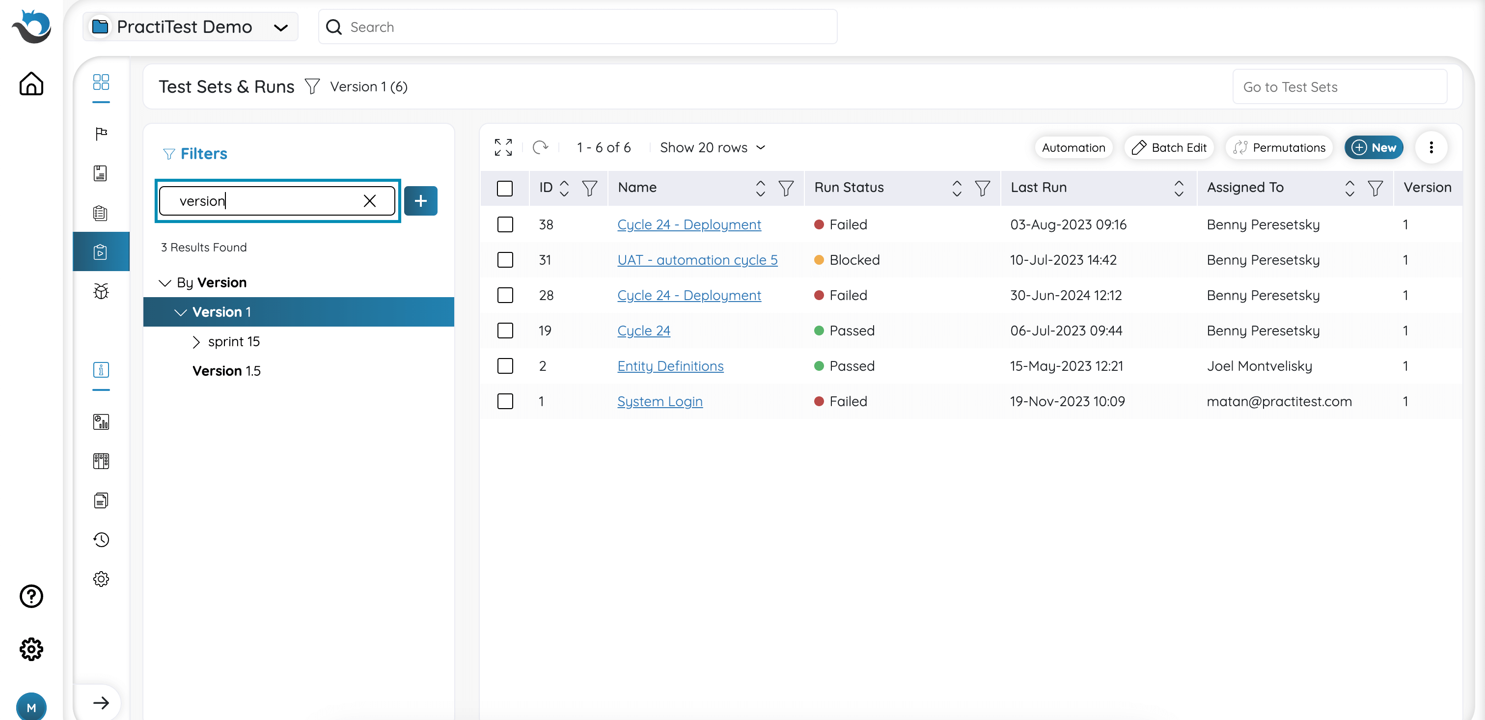 Test Sets & Runs | PractiTest